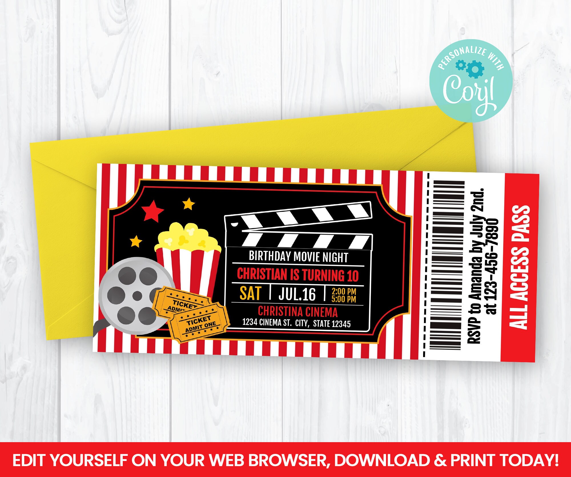 Editable Movie Night Ticket Invitation Cinema Boy Self - Etsy UK
