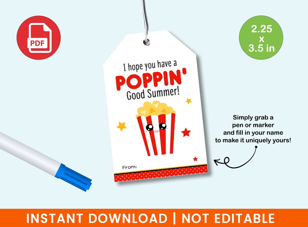 Have a Good Summer Printable Gift Tags, Summer Break Gift Tags, Popcorn ...