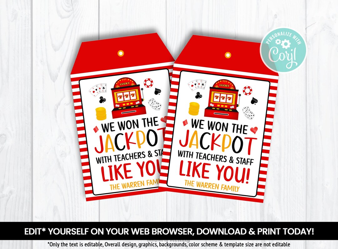 EDITABLE Casino Night Teacher and Staff Appreciation Gift Tags, Jackpot ...