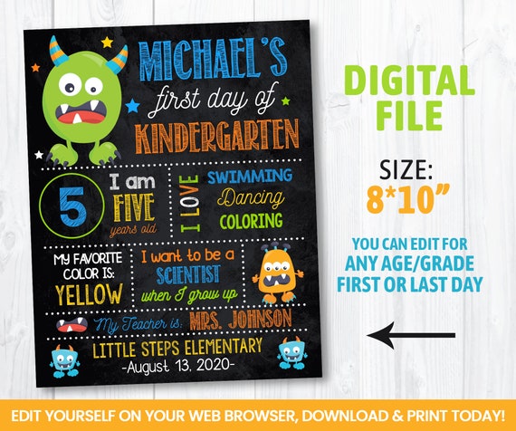 EDITABLE Monsters 1st Day of School Chalkboard Sign Any Grade | Etsy