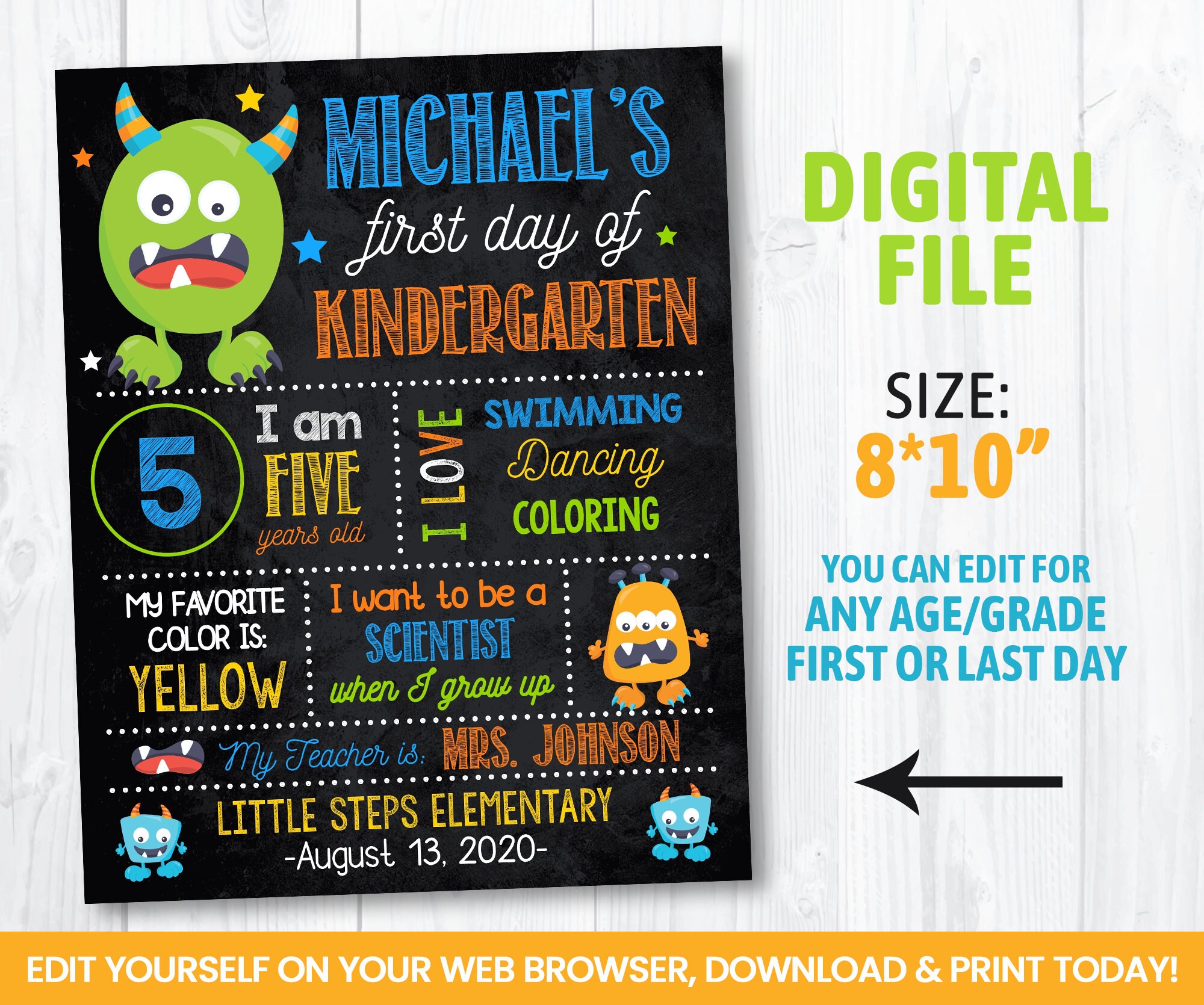 EDITABLE Monsters 1st Day of School Chalkboard Sign Any Grade | Etsy