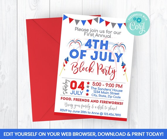 Block Party Editable Invitation, 4th of July, Self Editing Invite ...