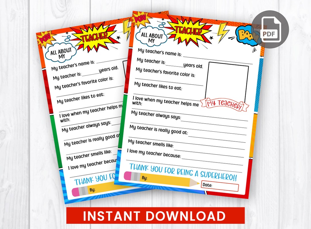 All About My Teacher Questionnaire, Superhero, Comic, Teacher ...