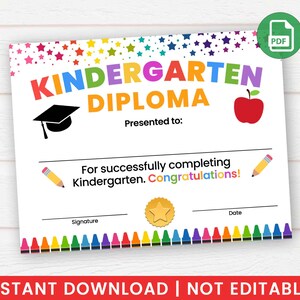 Printable Kindergarten Graduation Diploma, End of School Certificate ...
