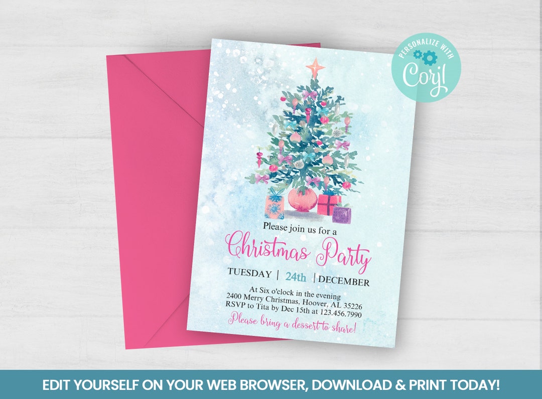 Editable Christmas Party Invitation, Pastel Colors Tree and Presents ...