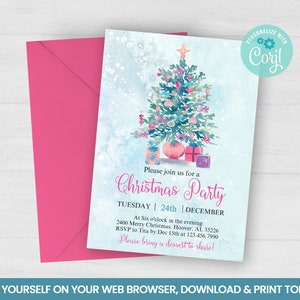 Editable Christmas Party Invitation, Pastel Colors Tree and Presents ...