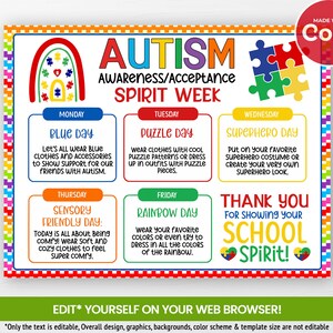 Editable Autism Awareness & Acceptance Spirit Week Flyer, Itinerary ...