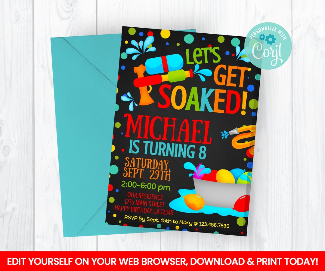 Editable Water Balloons Party Invitation Chalkboard Faux Pool Party