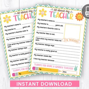 All About My Teacher Questionnaire Groovy Flowers Retro - Etsy