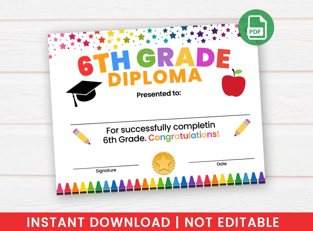 Printable 6th Grade Graduation Diploma End of School - Etsy