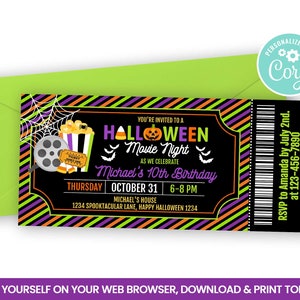 Editable Halloween Movie Night Ticket Invitation, Cinema Self Editing ...
