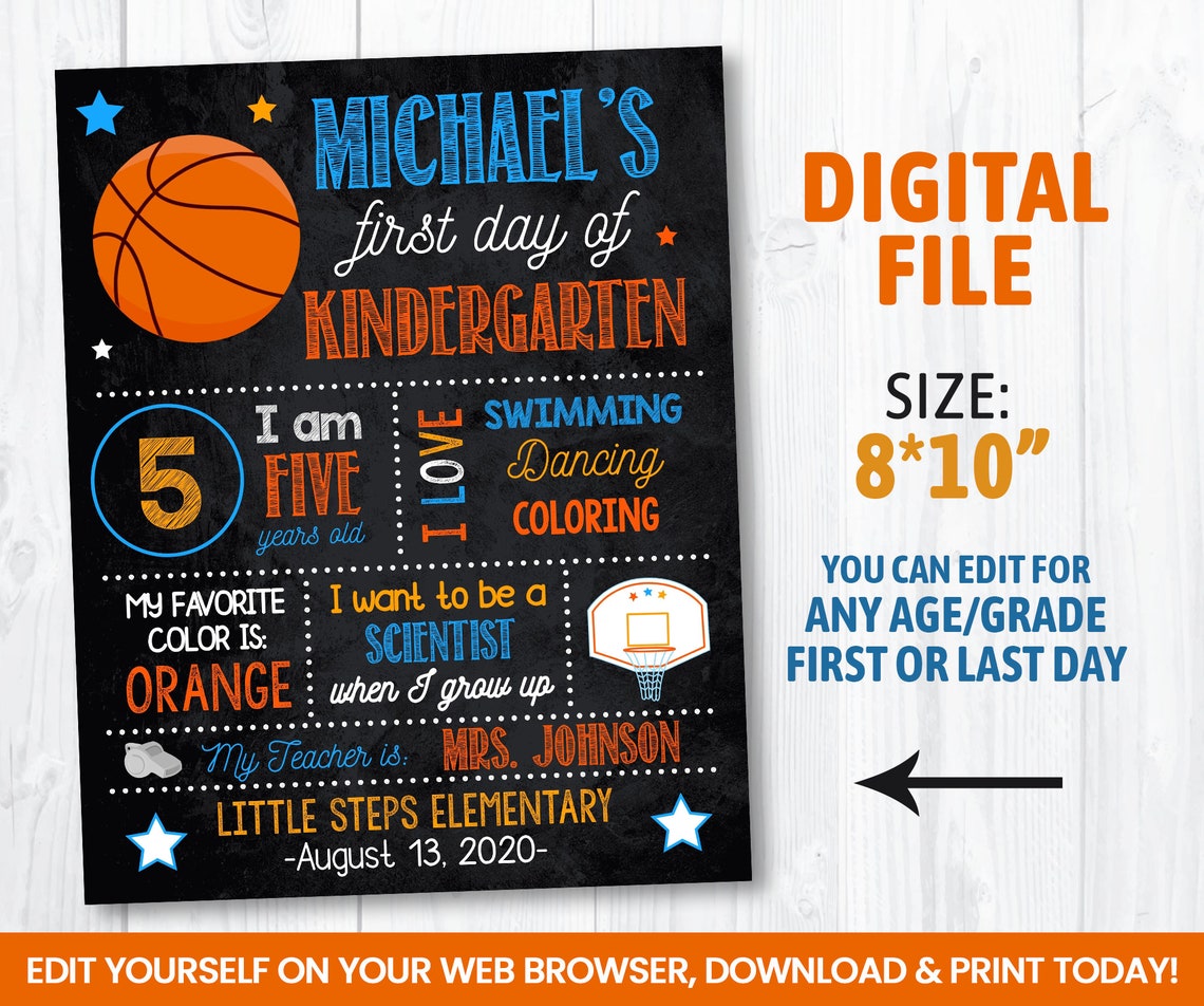 EDITABLE Basketball 1st Day of School Chalkboard Sign Sports | Etsy