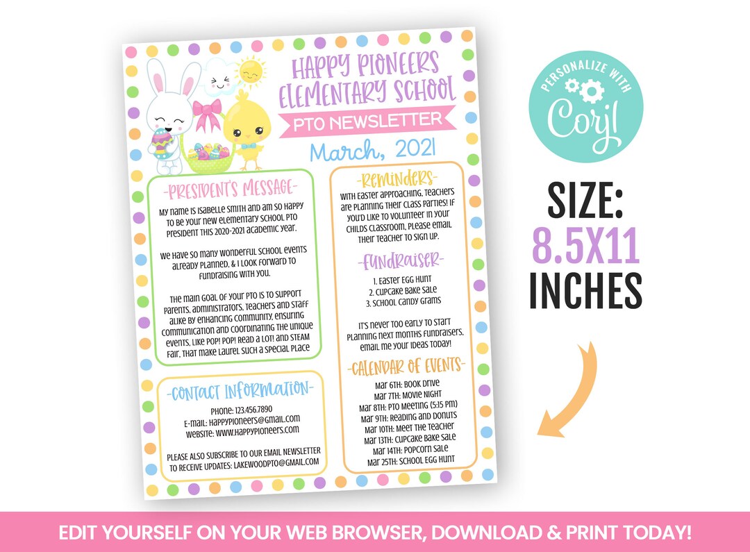 EDITABLE School Pto Pta Happy Easter Newsletter, March April Meeting ...