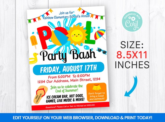 EDITABLE Pool Party Bash Flyer Template, Charity Non Profit Event ...