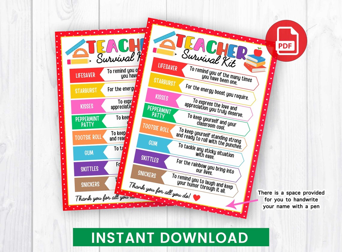 Teacher Survival Kit Card Teacher and Staff Appreciation - Etsy