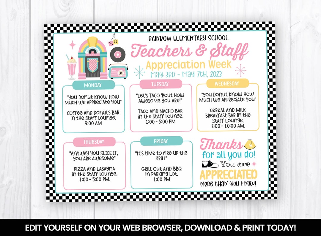 EDITABLE Retro 50's Teacher & Staff Appreciation Flyer, Fifties ...