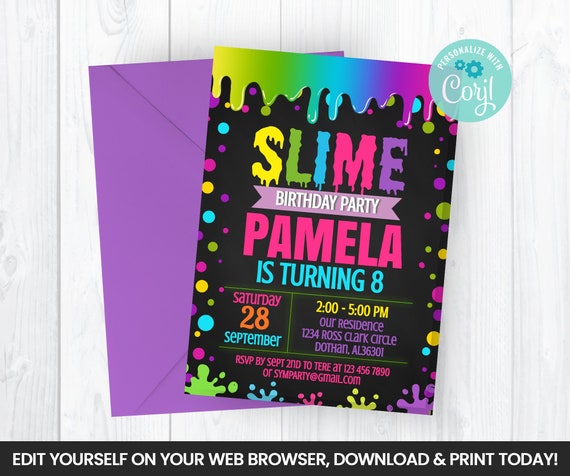 Editable Slime Party Invitation Girl Self Editing Invite Chalkboard