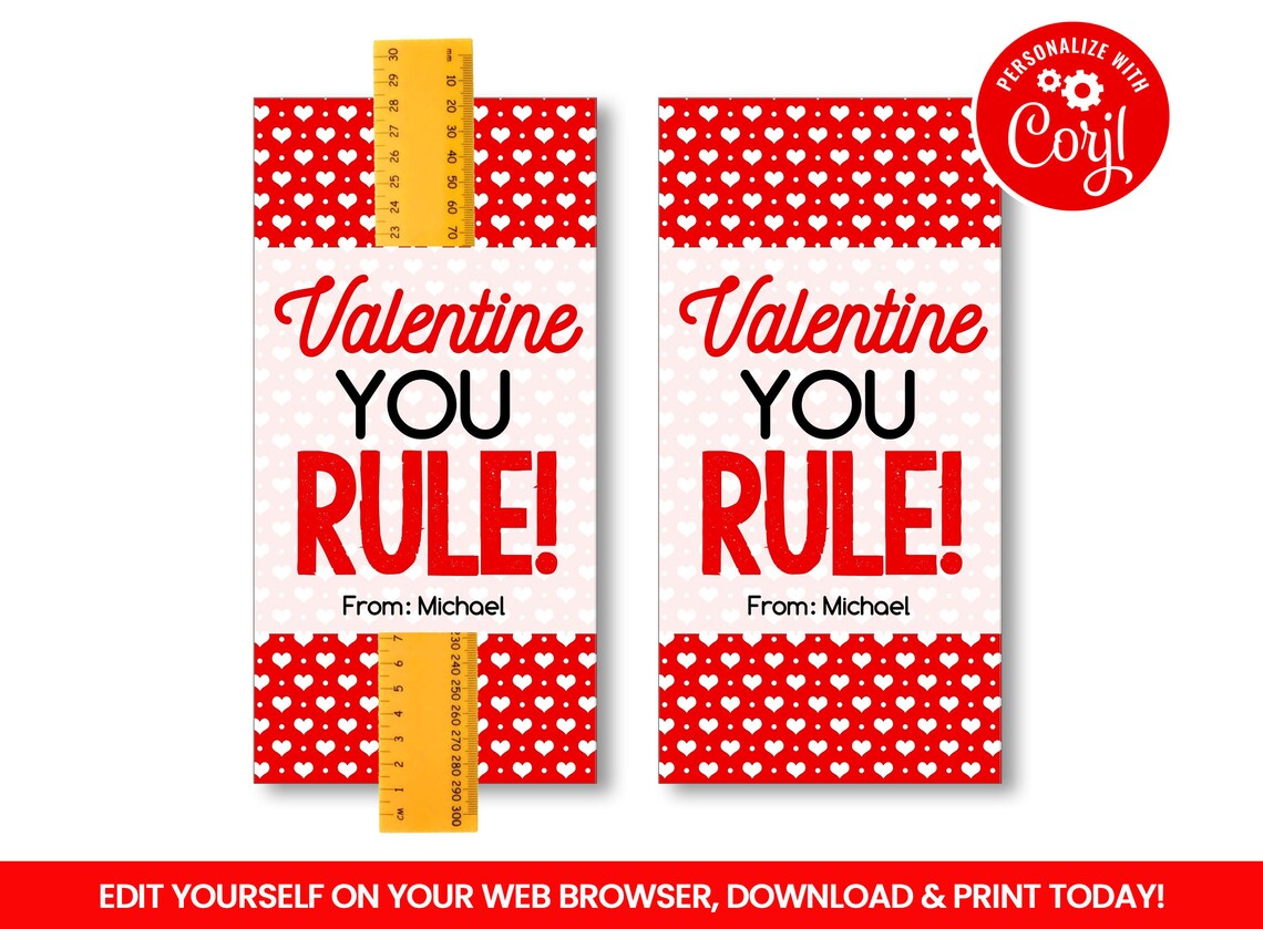 EDITABLE Valentine You RULE Card Bracelet Ruler Gift Tags - Etsy