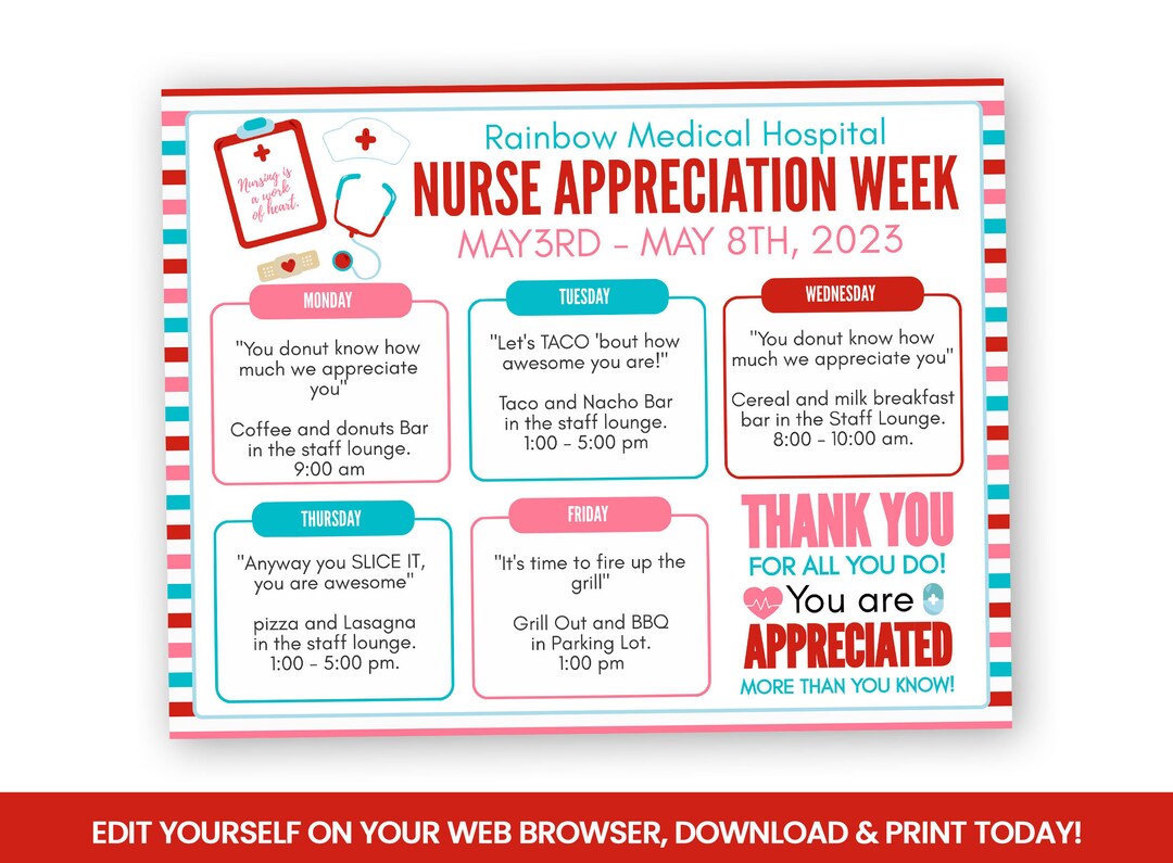 EDITABLE Nurse Appreciation Flyer, Healthcare Workers Itinerary Week ...