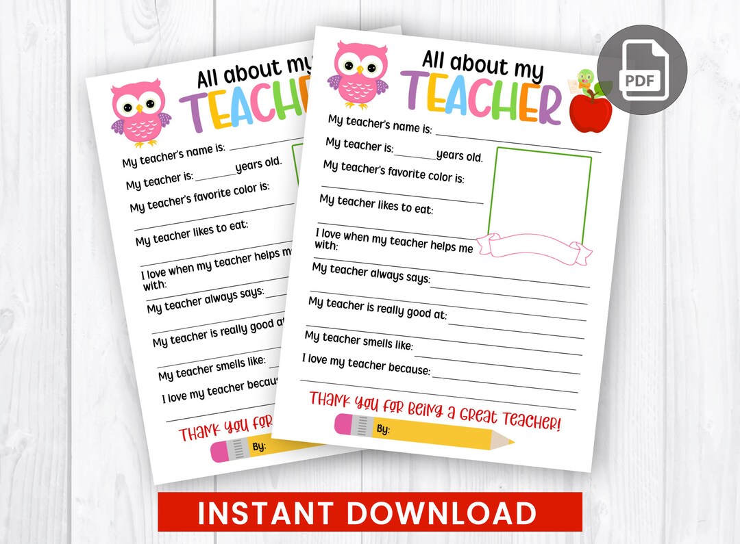All About My Teacher Appreciation Week Questionnaire, Kids Survey ...