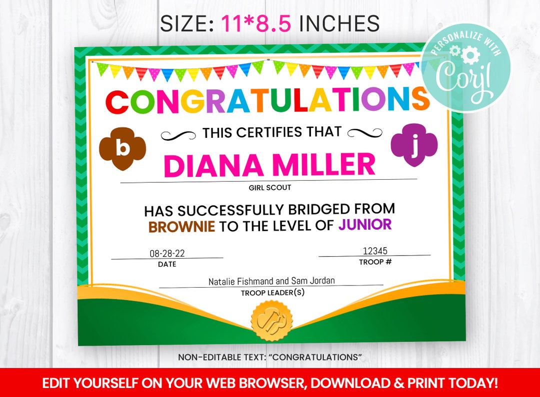Editable Girl Scout Bridging Certificate Brownie to Junior - Etsy