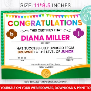 Editable Girl Scout Bridging Certificate Brownie to Junior - Etsy