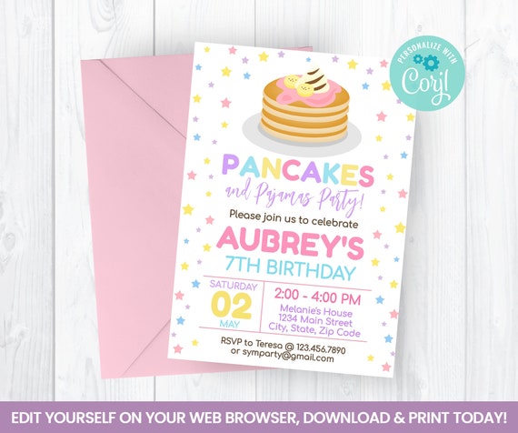 Editable Pancakes And Pajamas Invitation For Girl Pastel Colors Self