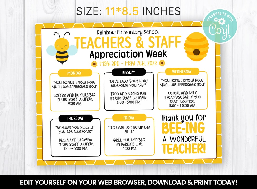 EDITABLE Bee Teacher & Staff Appreciation Flyer, Honeycomb Itinerary ...