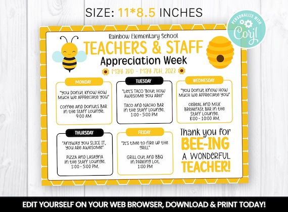 EDITABLE Bee Teacher & Staff Appreciation Flyer, Honeycomb Itinerary ...