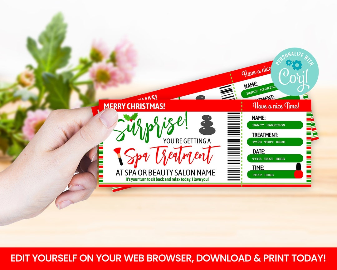 EDITABLE Spa Day Surprise Ticket, Merry Christmas Self Editing Voucher ...