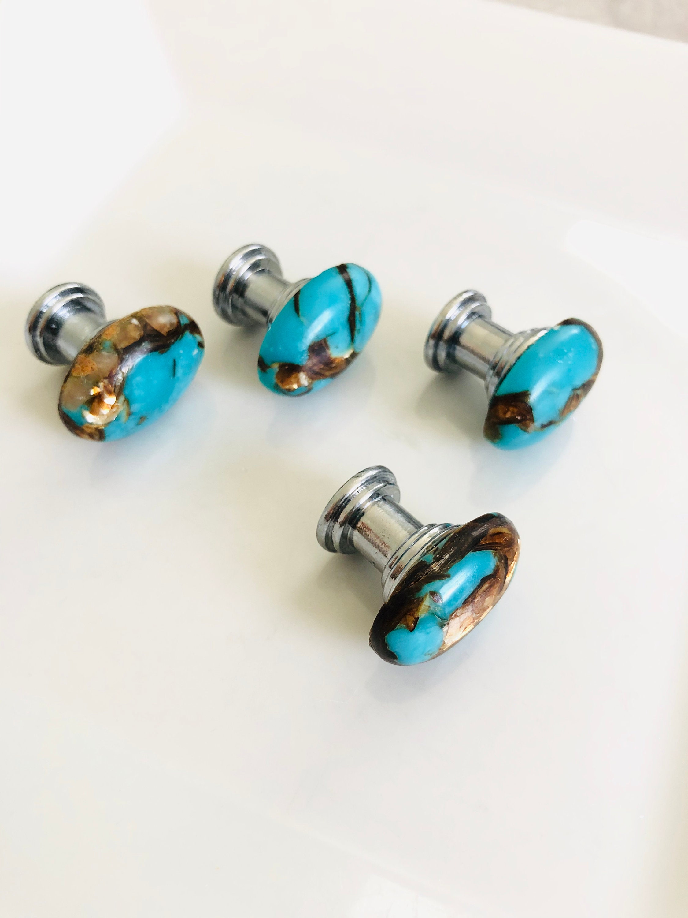 Teal blue and bronze cabinet knobs Stone drawer knobs | Etsy