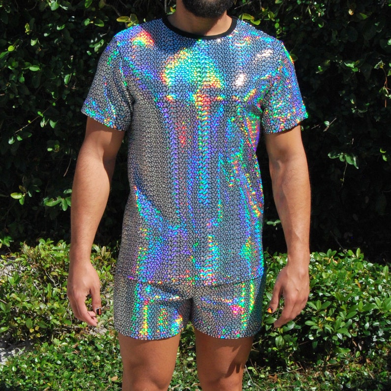 Iridescent Holographic Mens Tee Festival Wear Rave Wear Rave Clothes ...