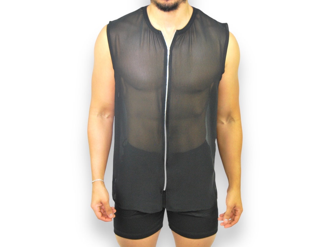 Mens Sheer Chiffon Zip up Vest See Through Clubwear LGBTQ Gay Pride ...