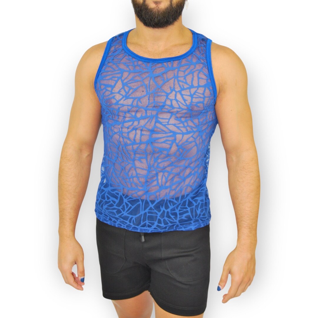 Mesh Blue Mens Racer Back Tank See Through Sheer Festival Wear Festival ...