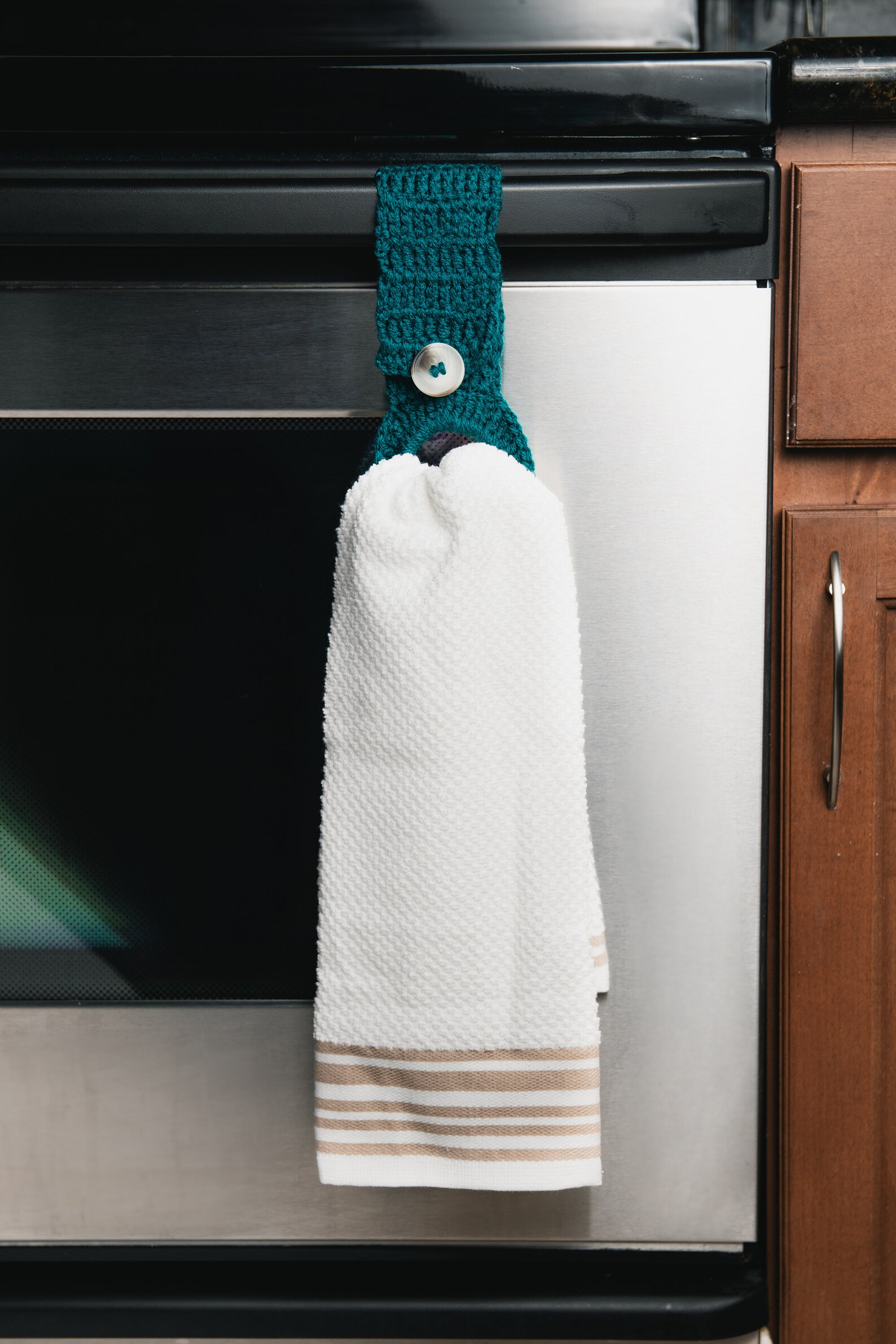 Kitchen Towel Hanger, Neutral Colors, Towel Holder With Button, Crochet ...