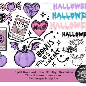 Pastel Goth Halloween Clipart + Bonus Files, Hand Drawn Pumpkin ...