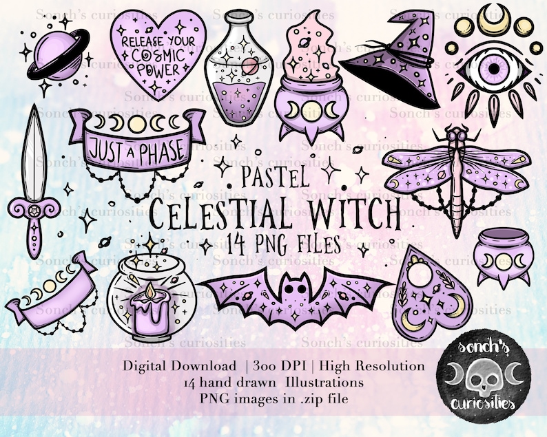 Pastel Celestial Witch Clipart Set , Printable Digital Download, PNG ...
