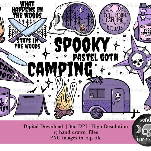 Spooky Camping Pastel Goth Clipart Lineart/ Horror / Gothic | Etsy