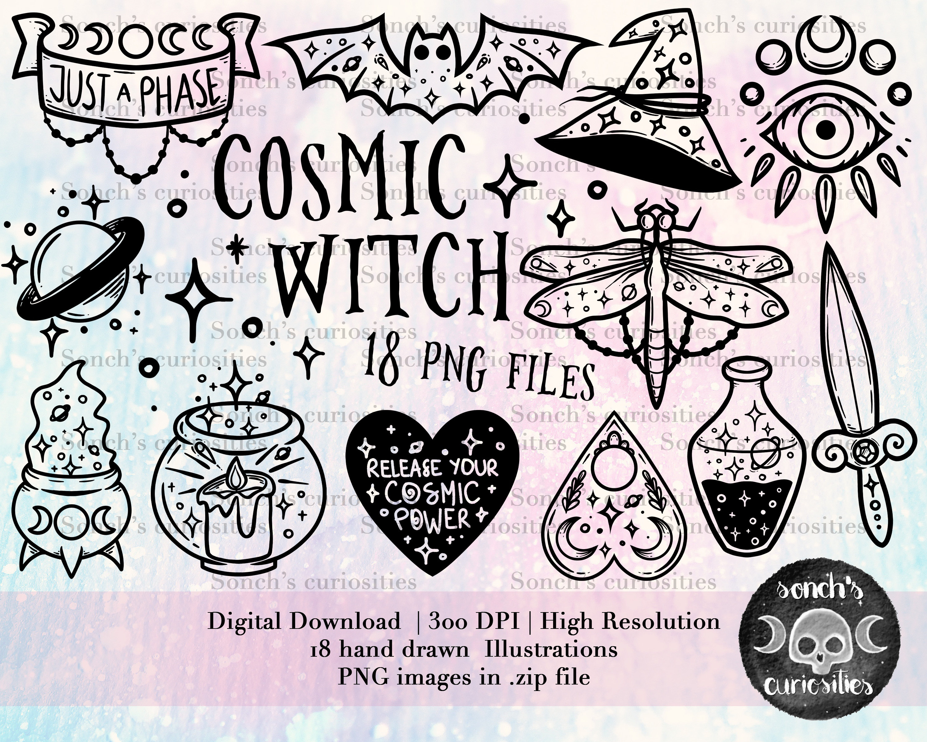 Witch Line Art Clipart, Celestial Wicca Elements (digital Download) - Etsy