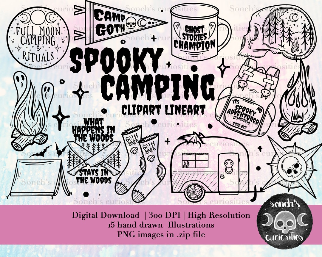 Spooky Camping , Pastel Goth Clipart Lineart/ Horror / Gothic Elements ...
