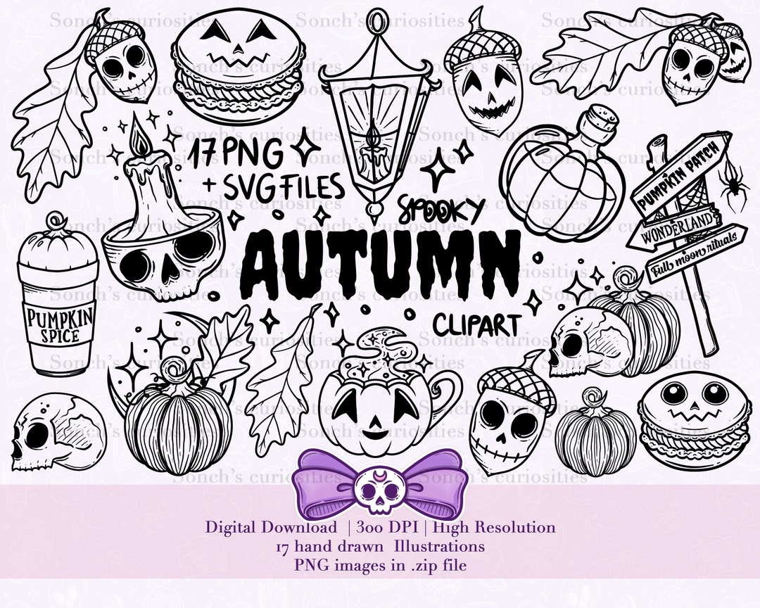 Spooky Autumn Lineart Clipart, Hand Drawn Pumpkin / Horror / Ghost ...