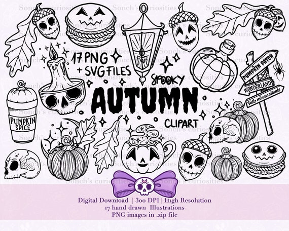 Spooky Autumn Lineart Clipart Hand Drawn Pumpkin / Horror / - Etsy