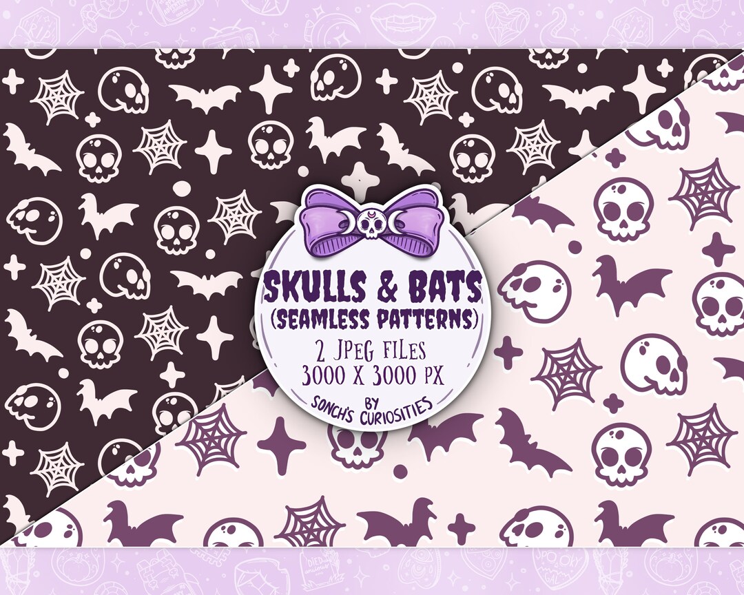 Skulls and Bats Digital Paper / Seamless Pattern, Pastel Goth Elements ...