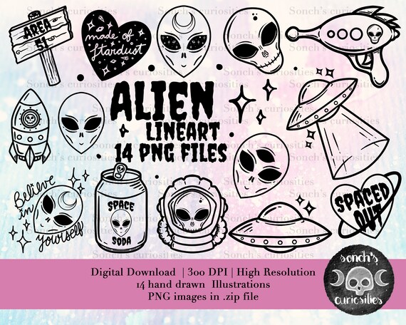 Alien lineart / UFO spooky clipart / horror / gothic | Etsy