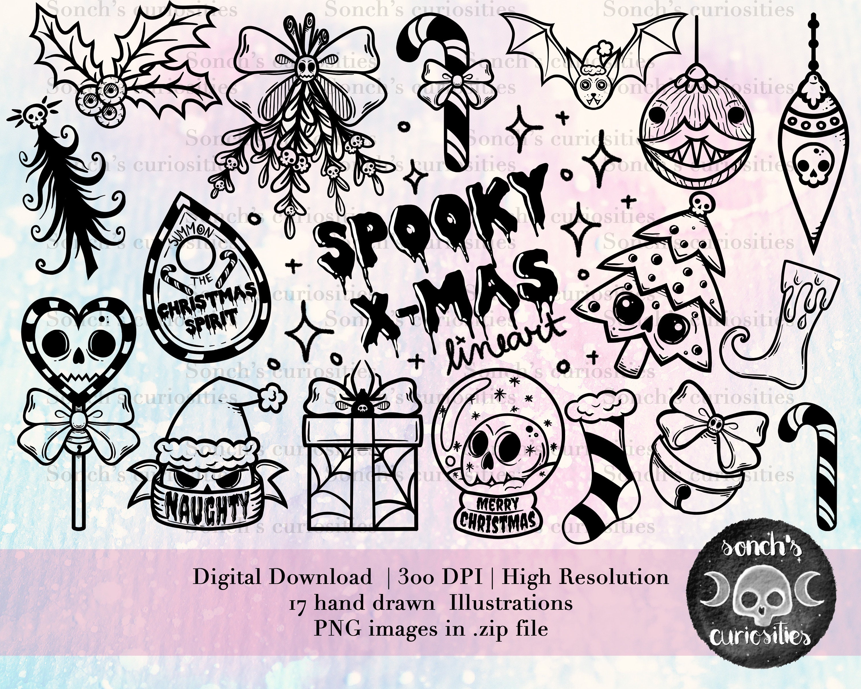 Spooky Christmas Lineart Clipart Tree Present Decorations - Etsy