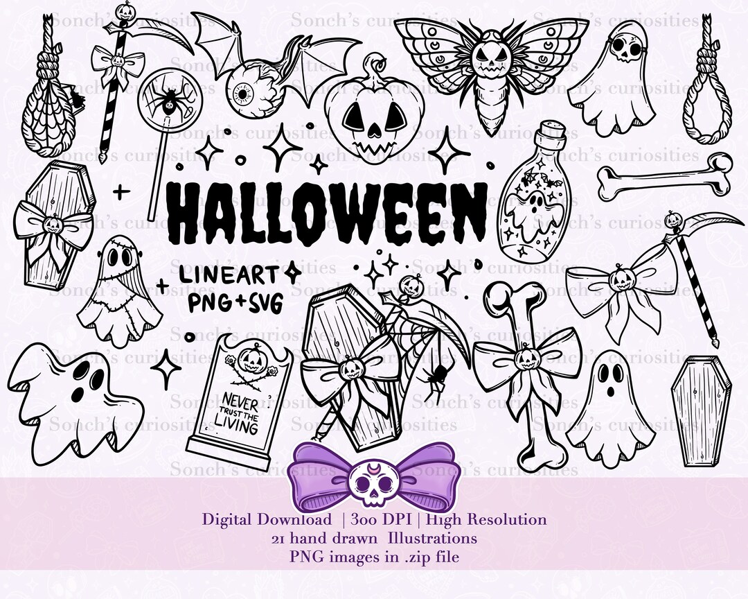 Halloween Lineart Clipart, Hand Drawn Pumpkin / Horror / Ghost Elements ...