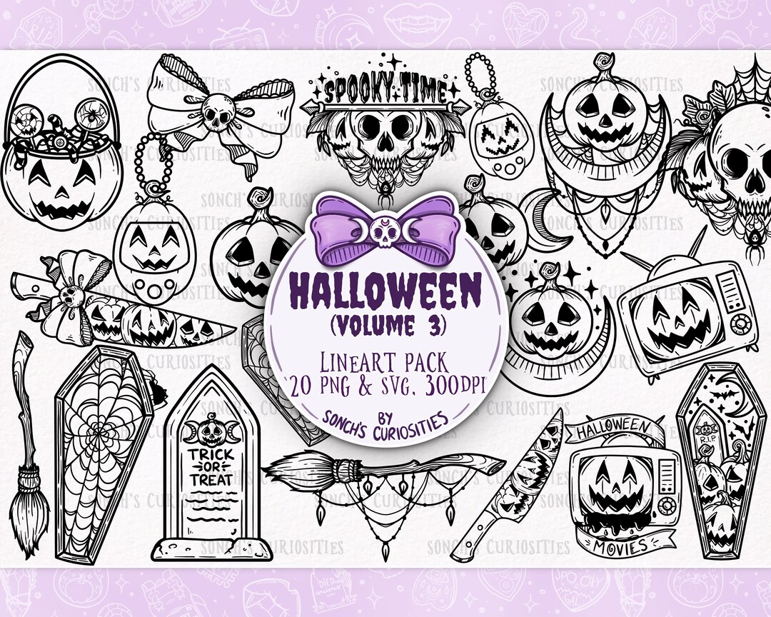 Halloween Lineart Clipart, Hand Drawn Pumpkins, Tattoo Style , 20 High ...