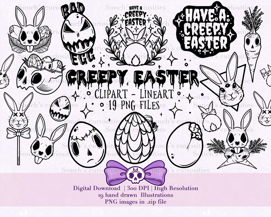 Creepy Easter - Spooky Lineart Clipart Bundle , Soft Goth Png Elements ...