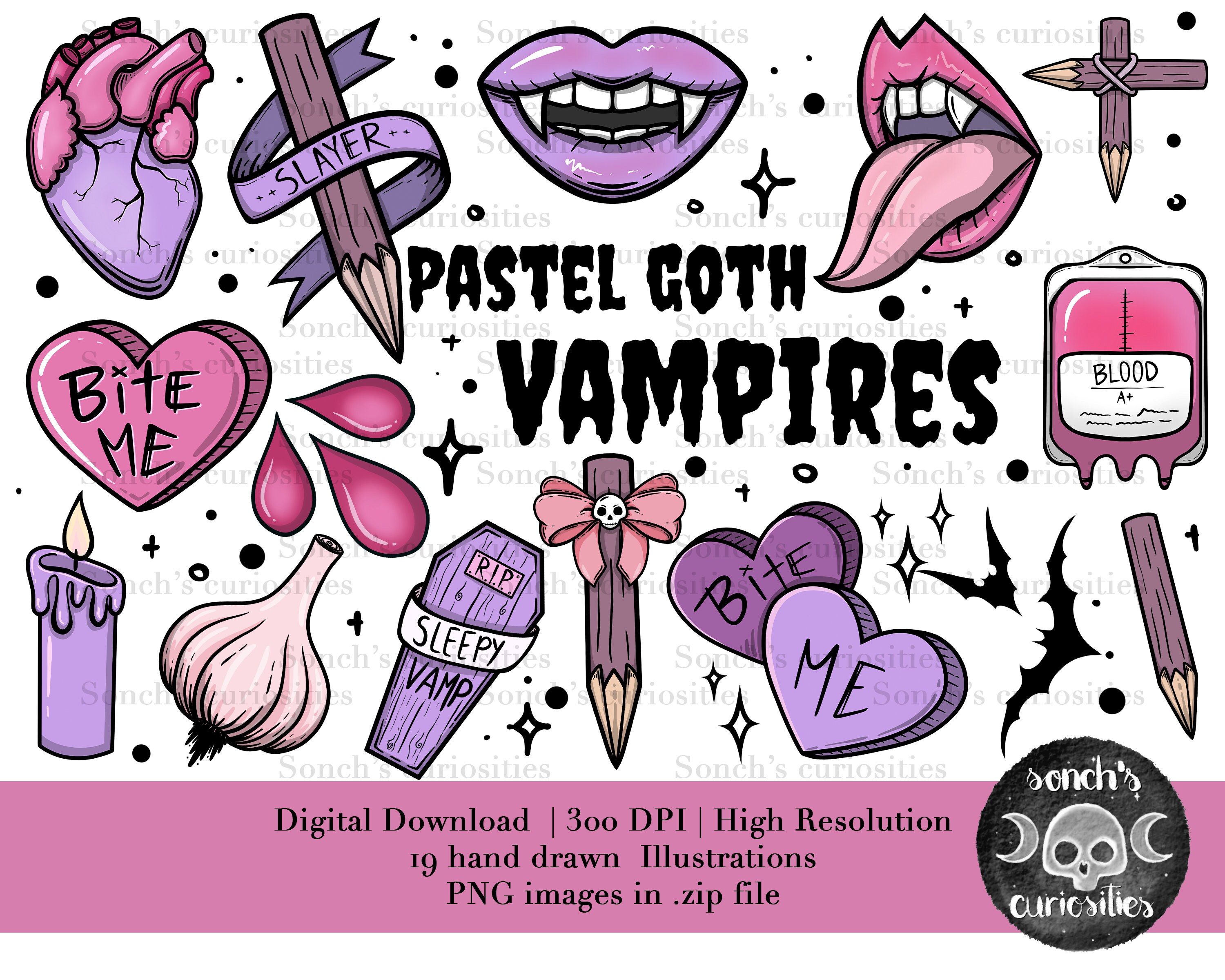 Pastel Goth Vampire Clipart set stickers printable digital download PNG ...