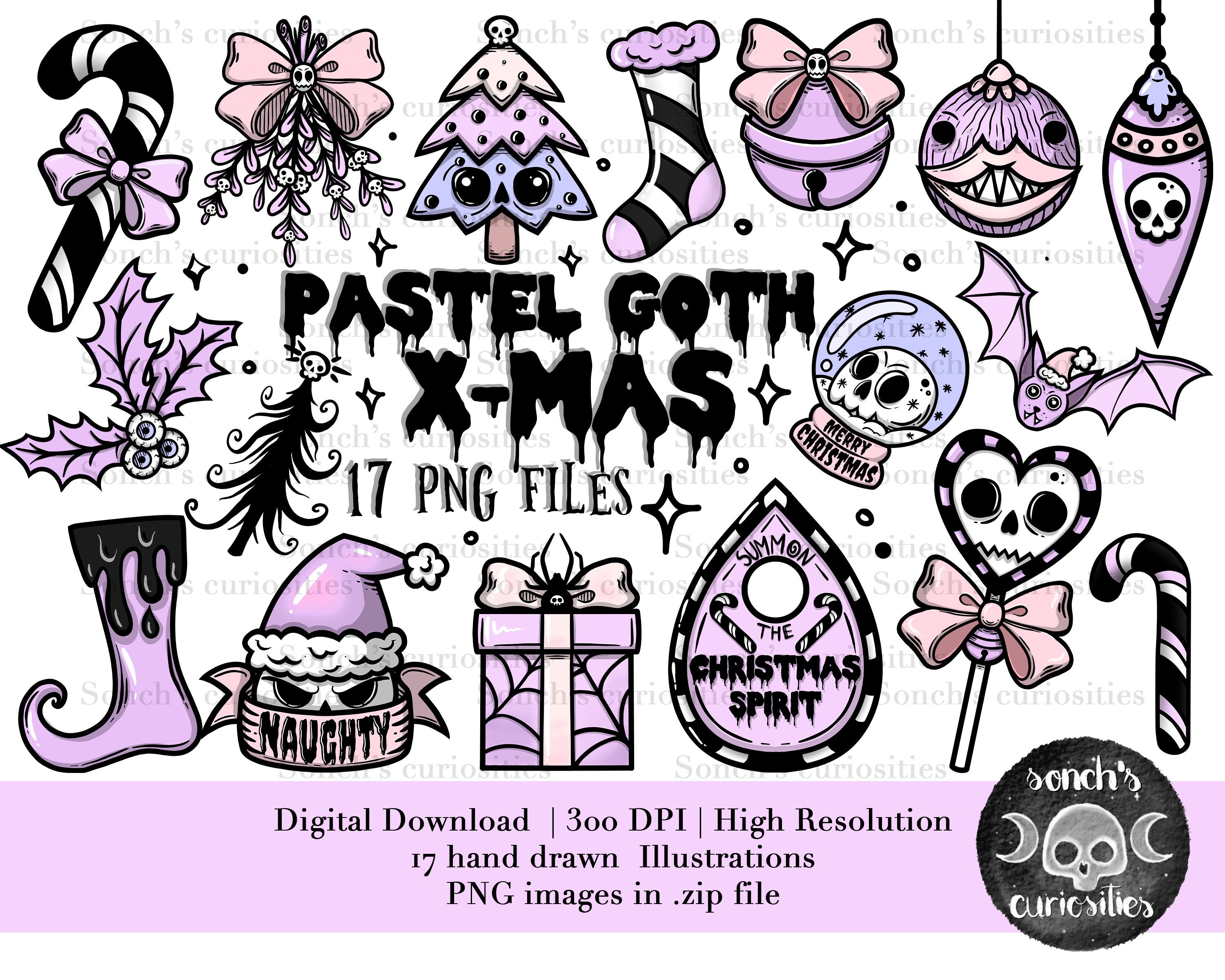 Pastel Goth Christmas clipart hand drawn elements 17 High | Etsy